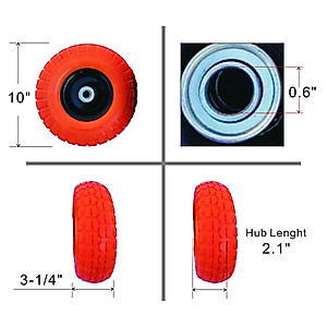 AFT PRO USA - 2-Pack 10' Flat Free Tires Air less Tires Wheels By AFT PRO USA with 5/8' Center - Solid Tire Wheel for Dolly Hand Truck Cart/All Purpose Utility Tire on Wheel (Orange)