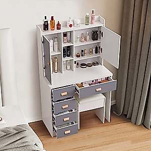 meolanov Large Vanity Desk Set with Mirror and Hidden Shelves & Cushioned Stool & 5 Drawers, White for Women Girls Bedroom