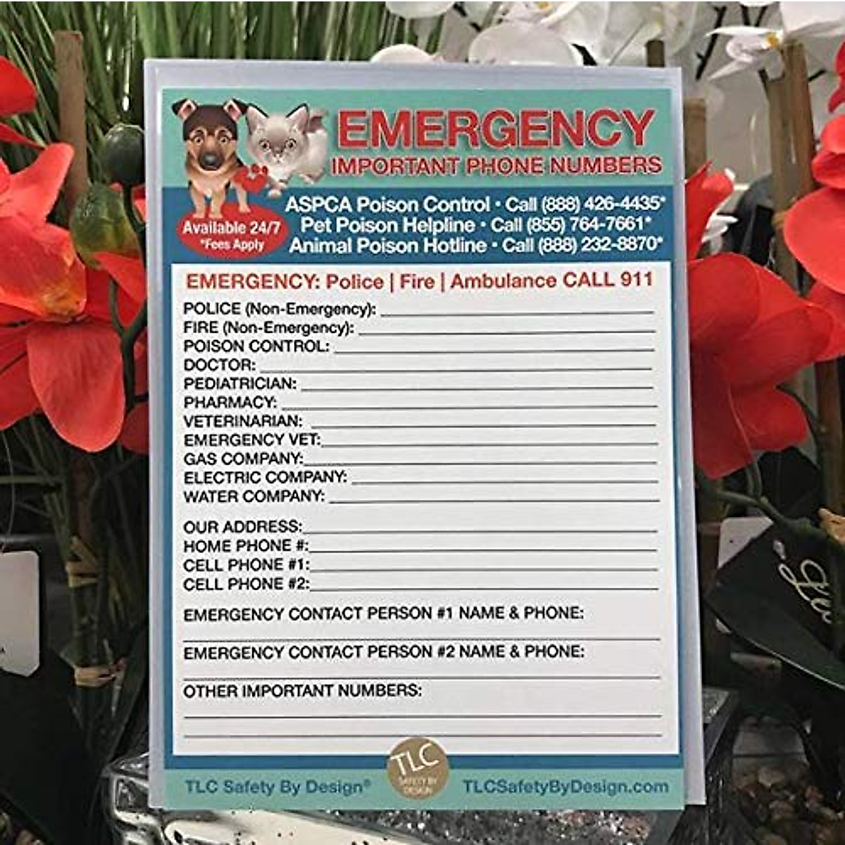 TLC Safety By Design Emergency Contact Fridge List in 5.5” x 7.5” Plastic Cover Magnetic Sleeve Refrigerator Safety Important Phone Call Numbers (Pet Medical ICE, 2 Cards and 1 Magnetic Sleeve)