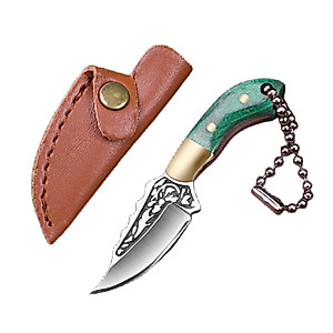 SZHOWORLD Ultra Small Fixed Blade Knife, 1.57 inch 5Cr15 Stainless Steel Blade with Brass+Colored Wood Handle, Mini Knife/Box Cutter with Leather Sheath for EDC Collection Gift, Three Colors Available (Green)