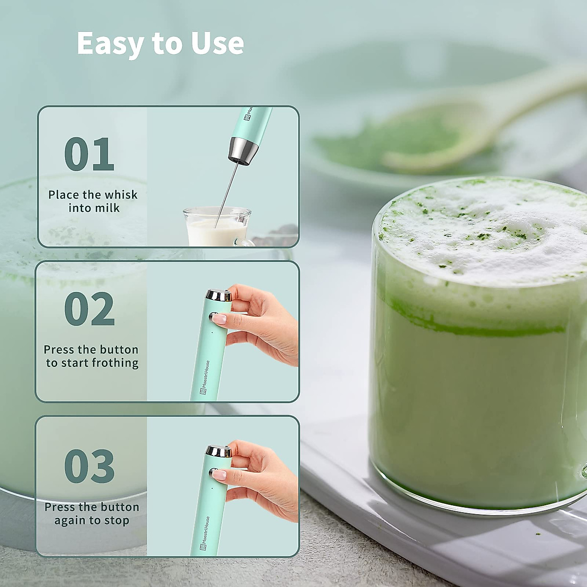 Maestri House Rechargeable Milk Frother with Stand, Handheld Electric Foam Maker Waterproof Detachable Stainless Steel Whisk Drink Mixer Foamer for Lattes, Cappuccino