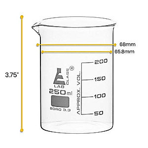 EISCO Beaker, 250ml - Low Form with Spout - White, 50ml Graduations - Borosilicate 3.3 Glass