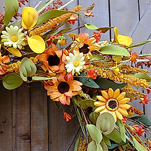 idyllic 20 Inches Harvest Wreath, Yellow and Orange Daisies Flowers, Ear of Wheat, Green and Spring Leaves Wreath for Front Door
