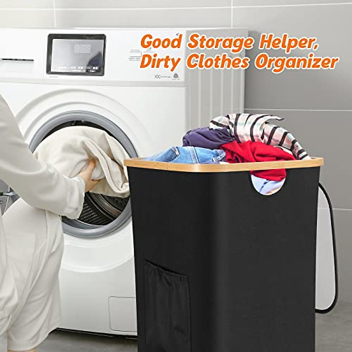 GLCONN Flip-Lid Laundry Hamper Tall Laundry Basket - Collapsible Laundry Bin Storage Basket - Large Hampers with Lid for Laundry, Toys, Clothes, Bedroom, Bathroom, Nursery, Closet - 105L, Black