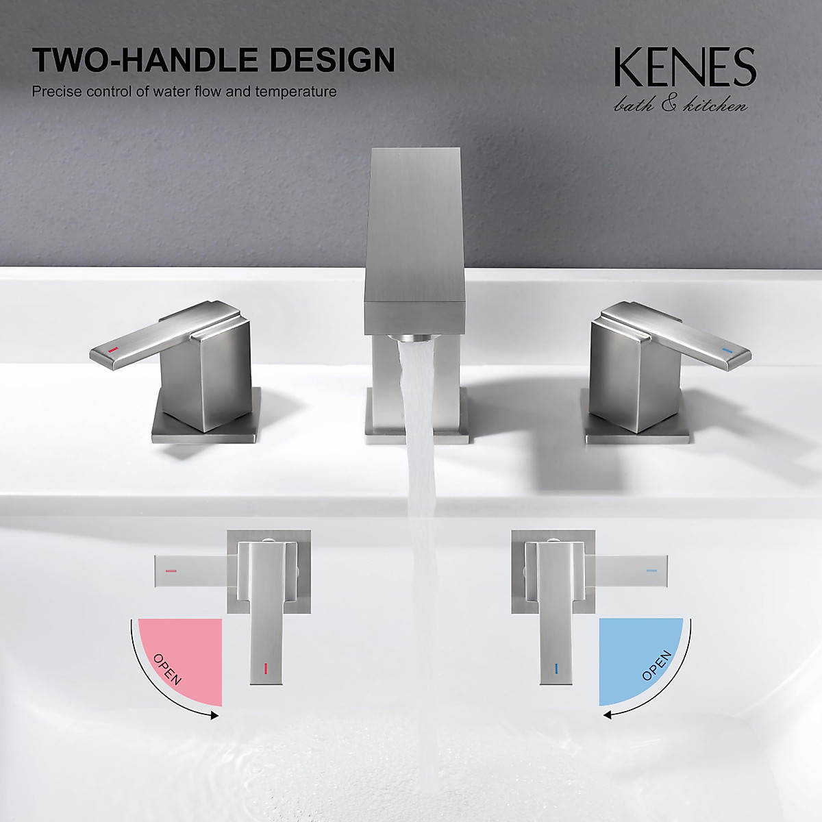 KENES 2 Handle Widespread Bathroom Faucet Brushed Nickel, Bathroom Sink Faucet 3 Hole Vanity Faucet with Lead-Free Supply Hose, KE-9050