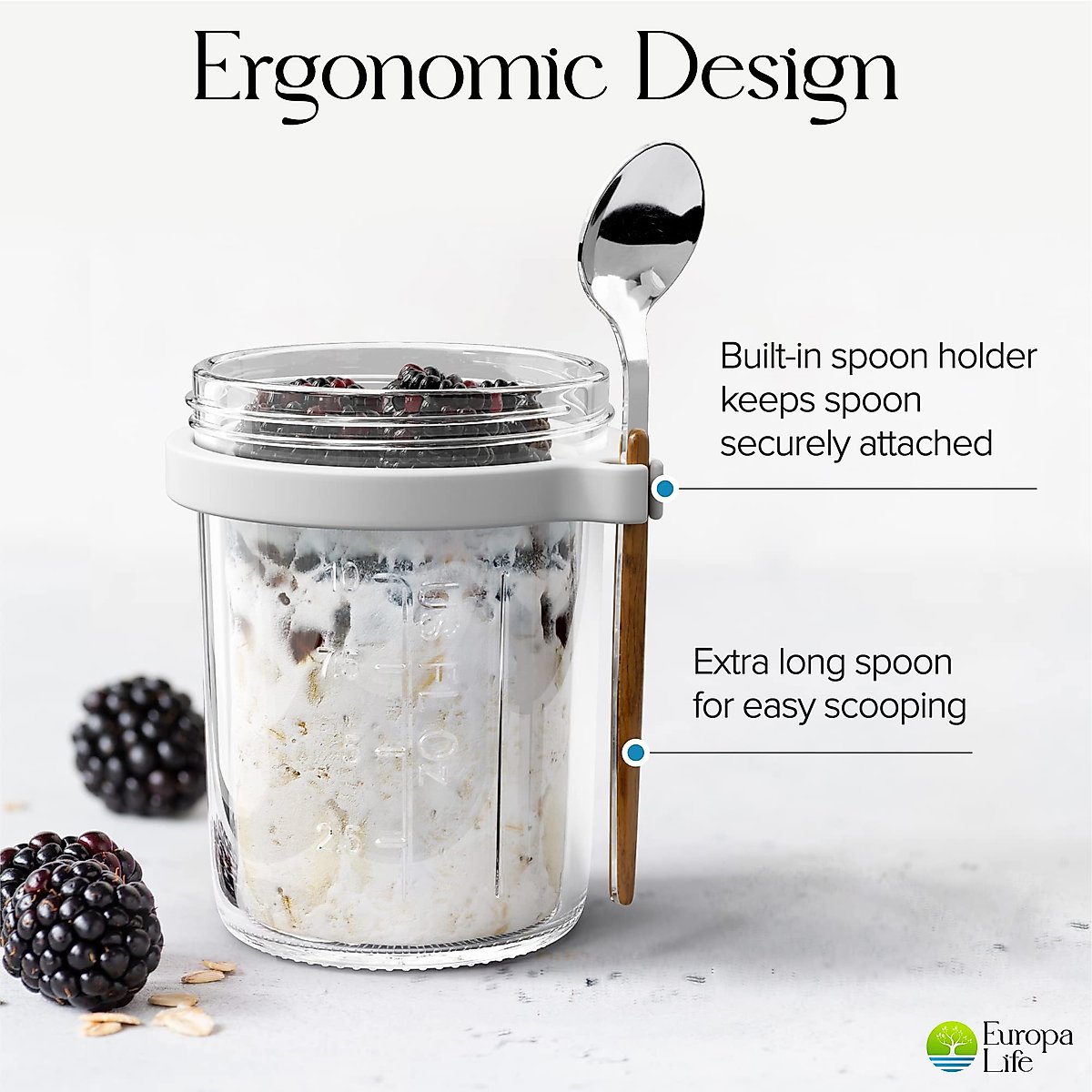 Overnight Oats Containers With Lid And Spoons | Mason Jars For Overnight Oats, Milk, Cereal| Small Containers with Lids | 10 OZ Each | Oatmeal Container | Includes Instructions & Recipes (Grey & Grey)