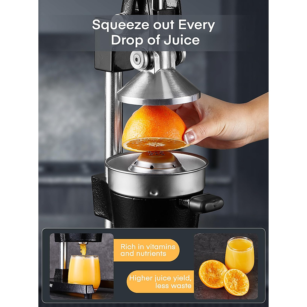 FOHERE Orange Juicer Squeezer, Cast Iron Lemon Squeezer, Commercial Citrus Juicer Hand Press for Orange, Lemon, Pomegranate, Grapefruit, Easy to Clean Citrus Squeezer with a Stainless Steel Cup