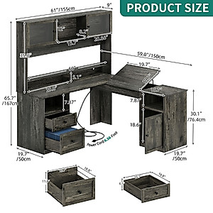 YITAHOME L Shaped Desk with Drawers & Hutch, 61" Computer Desk with Power Outlets & LED Lights, Corner Office Desk with Storage Cabinet, Drafting Table, Wood Desk, Grey