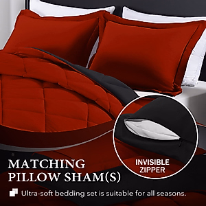 downluxe Lightweight Solid Comforter Set (King) with 2 Pillow Shams - 3-Piece Set - Red and Black - Down Alternative Reversible Comforter