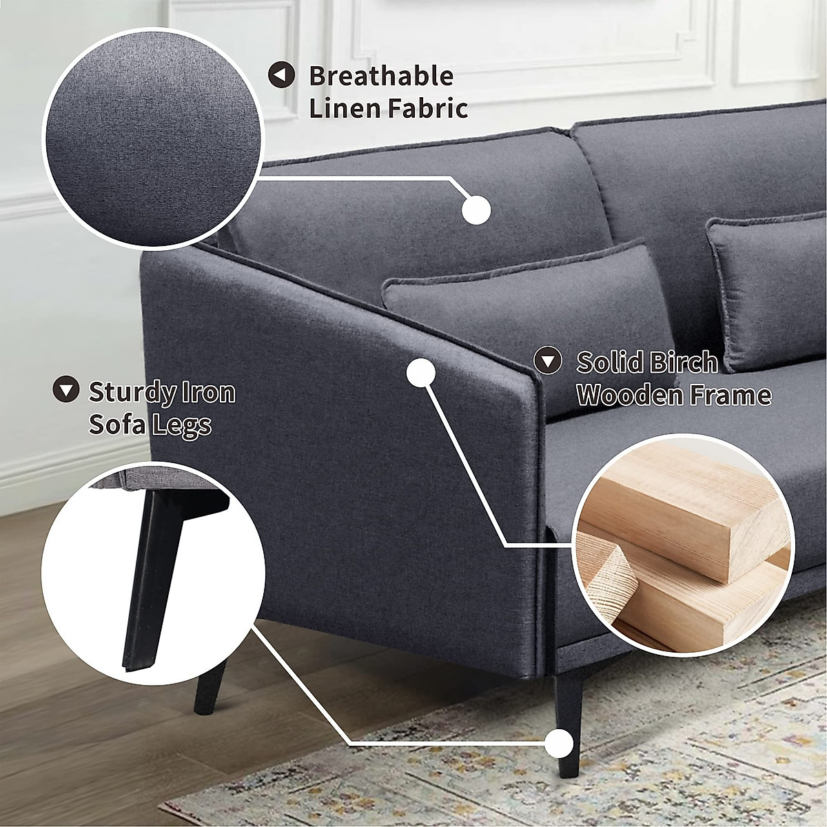 Sunrise Coast Loveseat Living Room Upholstered Modern Linen Fabric Couch with 2 Pillows for Apartment Small Space Loft 2-Seater Sofas 58", Dark Grey