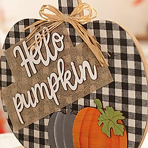 Super Holiday Fall Hello Pumpkin Sign Decorations, 12"/30CM Wooden Autumn Buffalo Plaid Tabletop Decor, for Home Farmhouse Living Room Harvest Day Thanksgiving Decor.