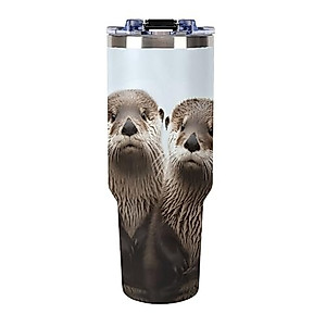 LLUTSNTH 40 Oz Vacuum Tumbler with Black Handle Leakproof Insulated Tumbler Cute Otter Stainless Steel Travel Mug with Lid And Straw Coffee Cup Cute Water Bottles Cup Holder Friendly