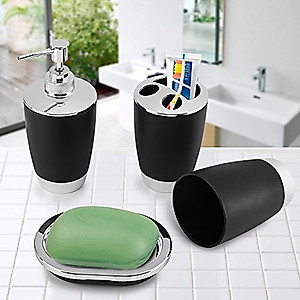Black Bathroom Accessories Set Bathroom Accessory Set, Plastic Bathroom Décor Set 4-Piece Bathroom Accessories Toothbrush Holder Set Including Soap Dispenser Toothbrush Holder Tumbler Soap Dishes for