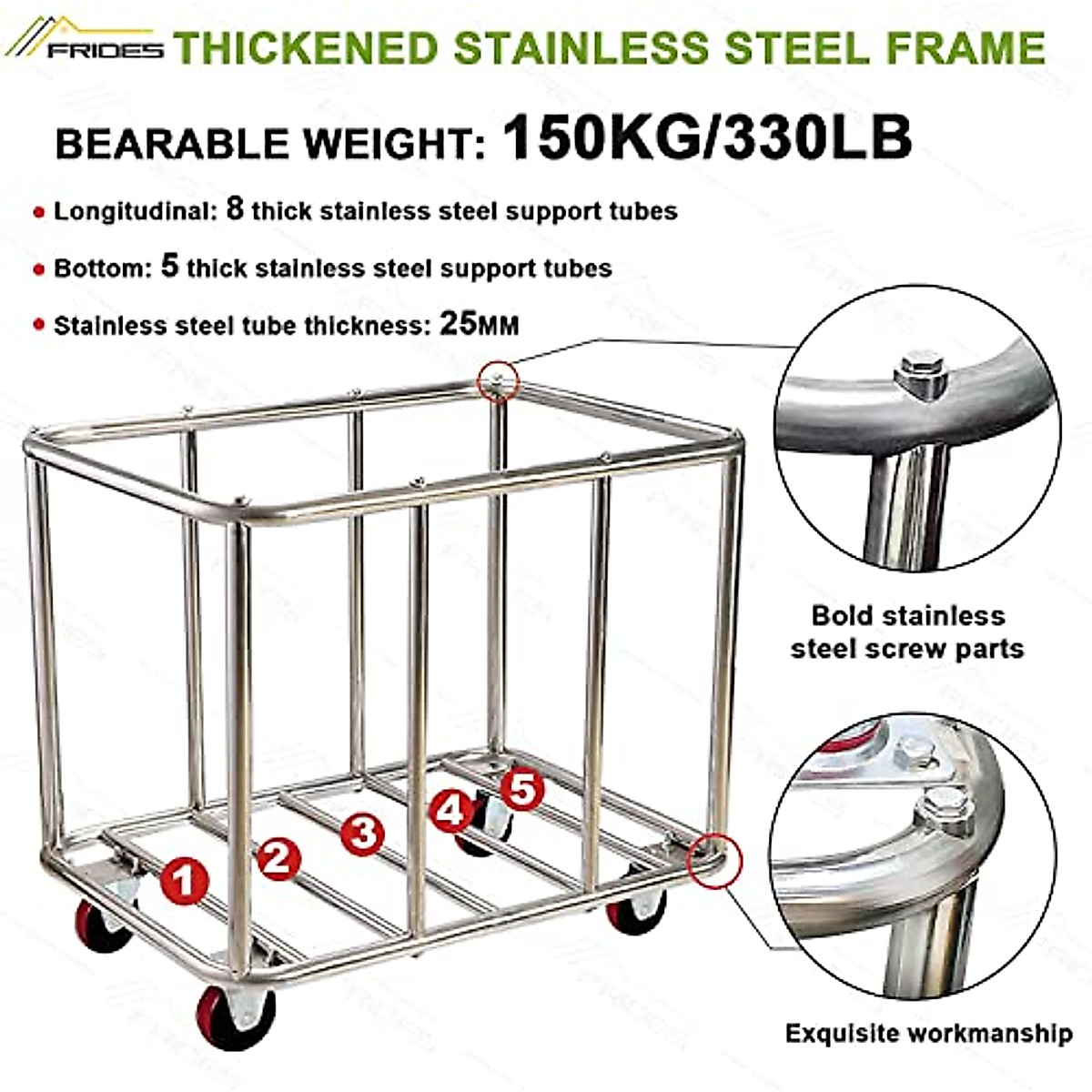 Commercial Laundry Cart on Wheels, 11.35 Bushels Large Laundry Roller with Removable Waterproof Canvas Lined Basket, Heavy Duty Stainless Steel Laundry Basket for Hotels and Hospitals
