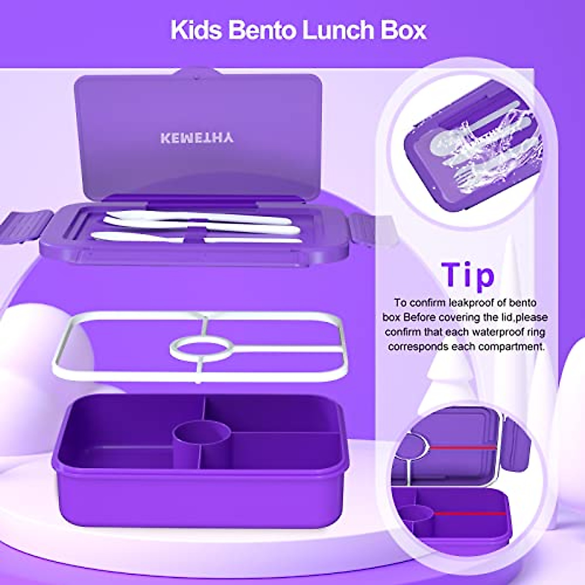 KEMETHY Bento Lunch Box for Kids, Purple, 4 Compartment Leakproof Lunch Box with Built-in Utensils, Microwave/Dishwasher/Freezer Safe, BPA-Free and Reusable