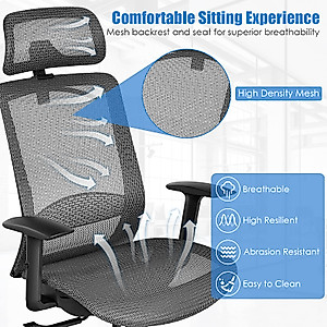POWERSTONE Ergonomic Office Chair - High-Back Computer Desk Mesh Chair with Clothing Hanger - Executive Swivel Task Chair with Adjustable Arms and Head Rest (Gray)