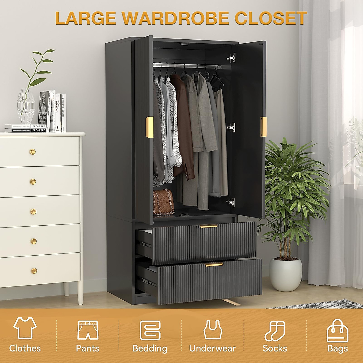 Wardrobe Closet with 2 Doors and 2 Drawers, 70"Clothing Storage Cabinets with Hanging Rod, Modern Wooden Armoire Wardrobe Closet with Gold Handles for Bedroom Armoires Laundry Room(Black)