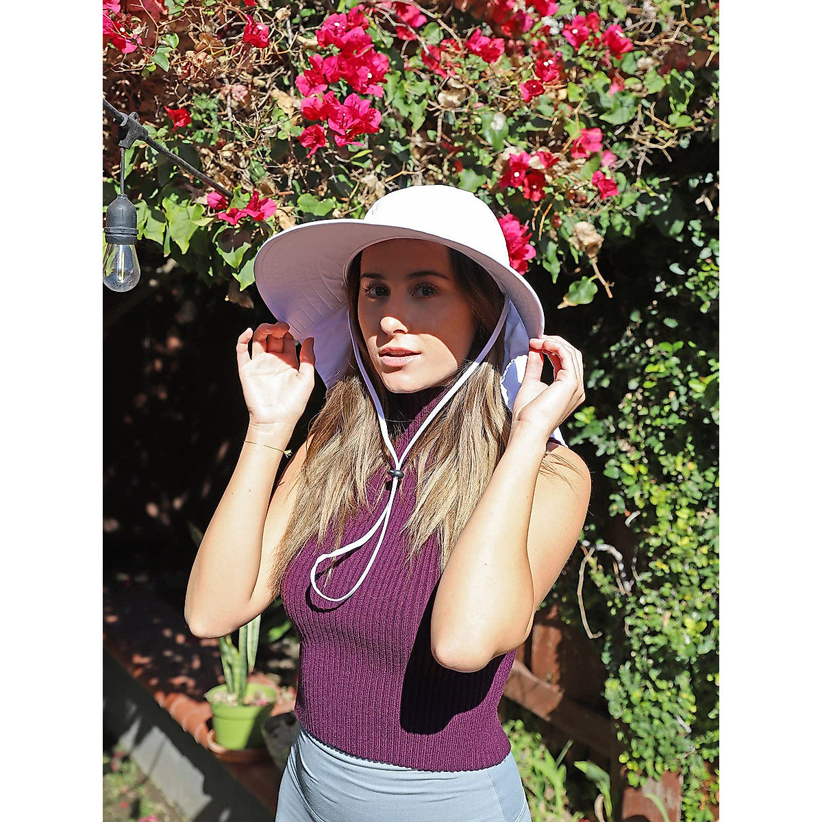 Tirrinia Stylish Garden Hats with Large Brim, Adjustable Safari Neck Cover, and Floral Ribbon