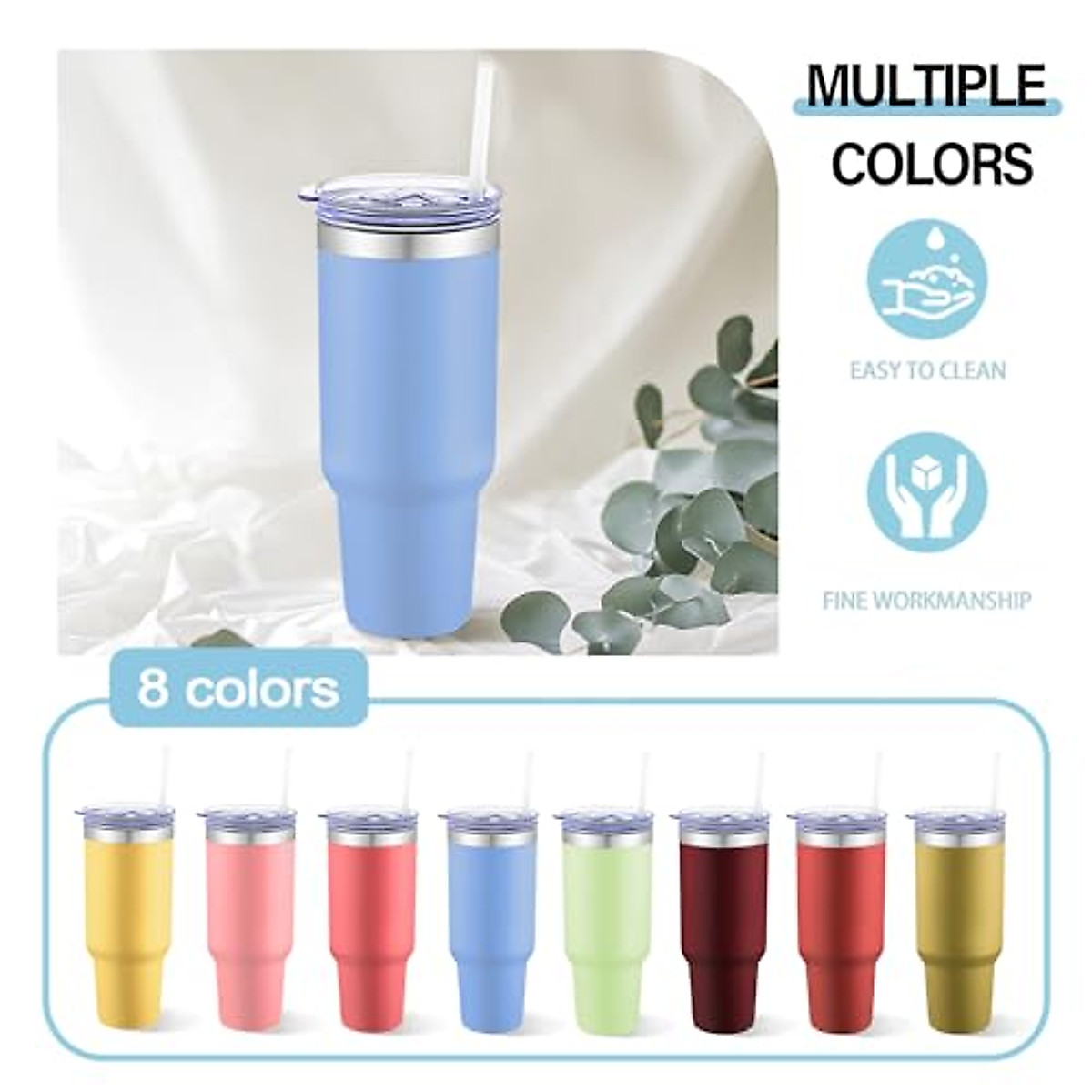 YOUKE OLA 8 Pack Tumblers 40oz Stainless Steel Insulated Large Tumbler Bulk Coffee Travel Cups Powder Coated for Laser Engrave (Mutil Colors)