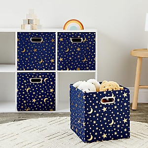 Okuna Outpost 4 Pack Star Storage Cubes, Collapsible Foldable Fabric Organizer Baskets for Clothes, Toys, Gold Moons and Stars (11 In)
