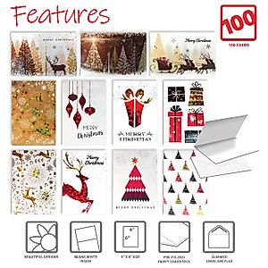 Christmas Holiday Greeting Cards with Gold and Metallic Foil, 100 Pack, 4 x 6 inch, 11 Assorted Designs with 3-D Prism Effect, Blank Inside,by Better Office Products,with Envelopes,100 Christmas Cards