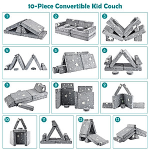 Kids Play Couch,10 Pcs Toddler Couch Sofa,Foam Modularized Kids Couch,Glowing in The Dark Sofa Convertible Kids Toddlers Couch Play Set for Playroom Bedroom