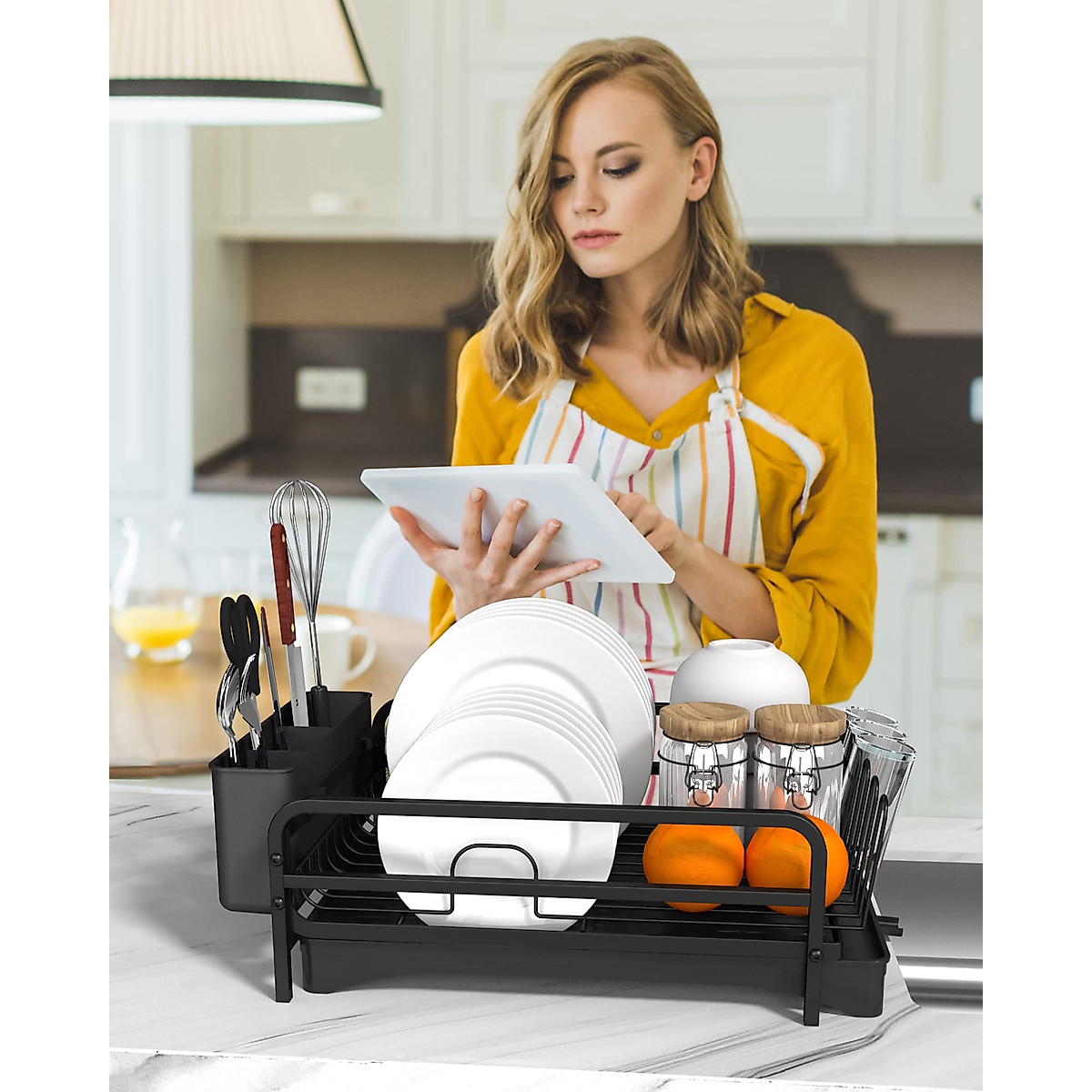 Dish Drying Rack - Large Size Multifunctional Drain Board Set, Durable Tableware Drainer with Adjustable Rotating Drain, Model:DDR-001,by WEIKER. Black 16.15inch x 13inch x 4.2inch