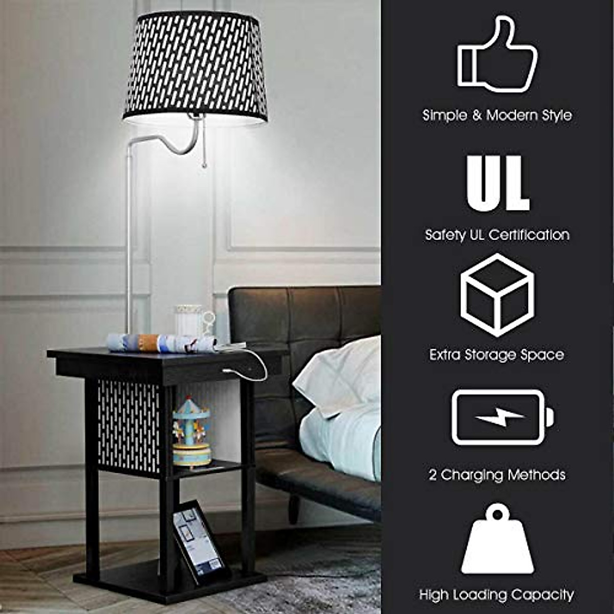 Costzon Floor Lamp, Swing Arm Lamp w/Wireless Charger, Side Table, 2 USB Ports, Open Shelves & Shade, Modern Bedside Nightstand Lighting for Living Room, Bedroom, Guest Room, End Table Lamp (Black)