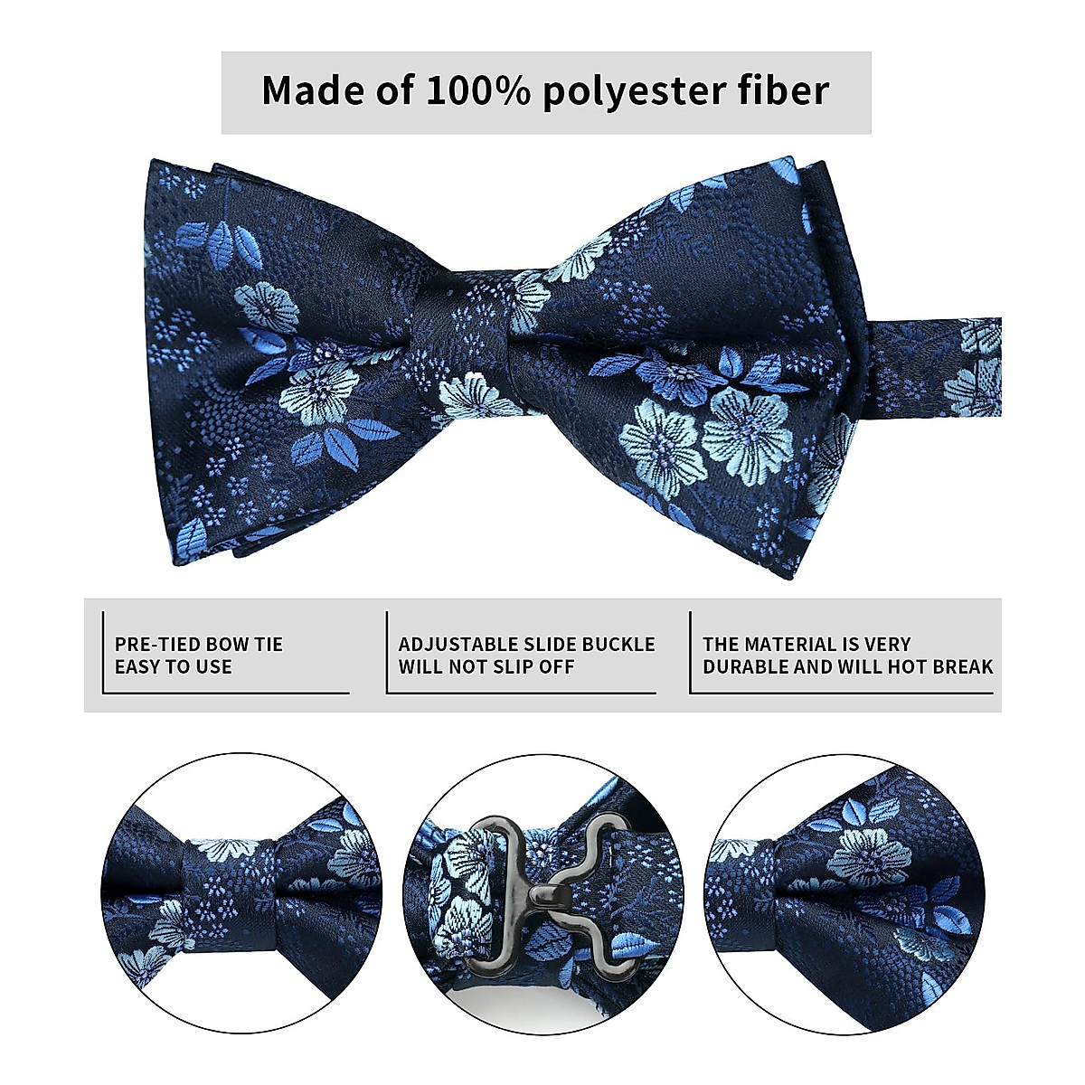 HISDERN Bow Ties for Men Blue Bow Tie Pre-tied Black Paisley Bow Ties and Pocket Square Set Formal Men's Floral Bowtie Classic Bowties for Wedding Party
