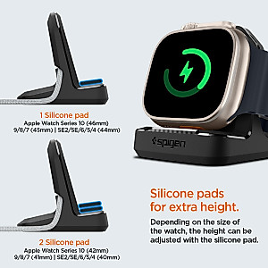 Spigen Rugged Armor Stand Designed for Apple Watch Charger Stand Compatible with Ultra 2/1 49mm, Series 10 46/42mm, 9/8/7 45/41mm, SE2/SE/6/5/4 44/40mm Durable TPU with Non-Slip Stable Base - Black