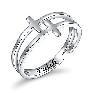 Inspirational Jewelry Sterling Silver Engraved Faith Double Cross Ring Christian Fashion Wedding Engagement Band, Size 6-8 (8)