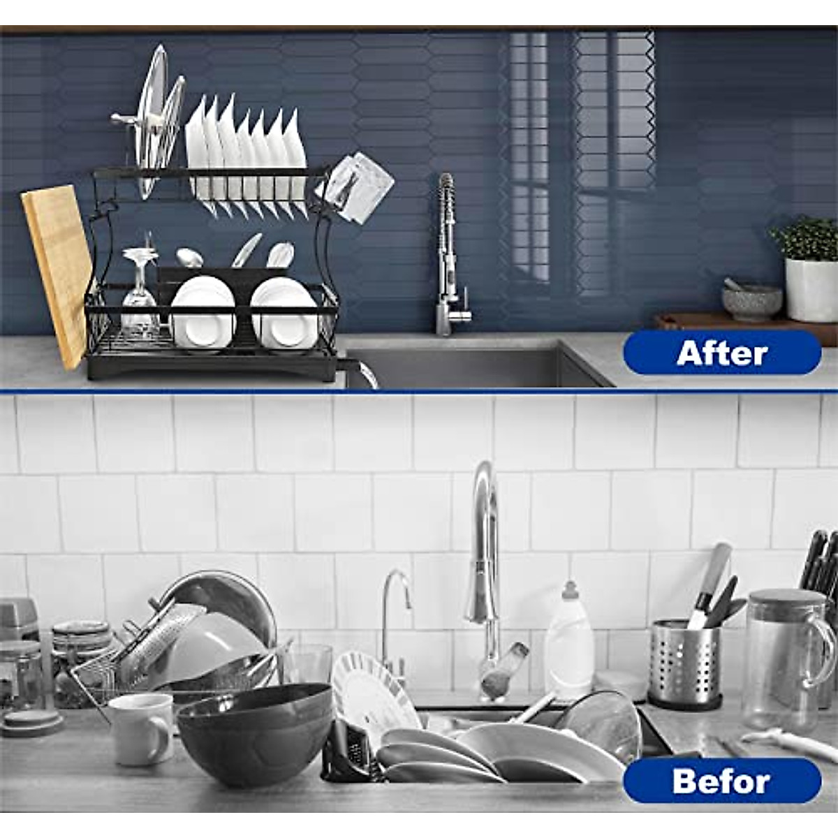 gretuld Dish Drying Rack,2 Tier Detachable Dish Drying Rack with Drainboard Set for Kitchen Counter,Black Metal Dish Rack with Wine Glass Holder and Utensils Holder