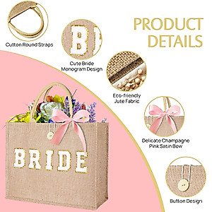 JUSTOTRY Bride Bag - Bride to Be Gifts Natural Jute Large Tote Bag with Webbed Handles Utility Personalized Canvas Bag for bachelorette party Bridal Shower Wedding Gift