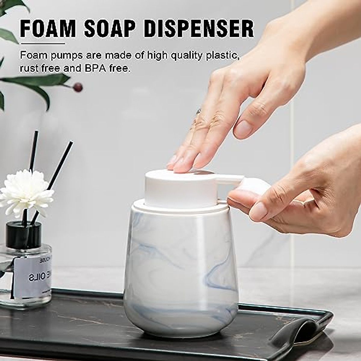 Agyiuns Marbled Blue Soap Dispenser, Ceramic Foaming Soap Dispenser with Easy-to-Press Pump for Bathroom 12 oz refillable Liquid Hand soap and Lotion for Kitchen (Marbled Blue Foam Dispenser)