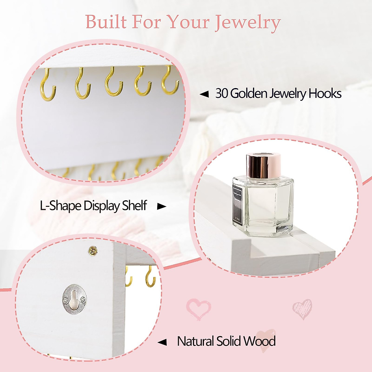 CCINPPY Necklace Holder Wall, Jewelry Holder Organizer Wall with 30 Jewelry Hooks and Shelf, Wooden Hanging Necklace Hanger Organizer Wall Mount for Necklaces Bracelets, and Chains White