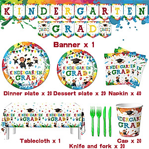 Happy Kindergarten Graduation Tableware Decoration- 142Pcs Kindergarten Tableware Set Include Plates, Napkins Banner Service for 20 Guests Congrats Grad Party Supplies (Tableware)
