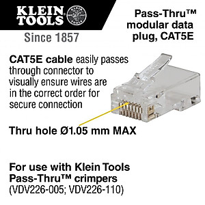 Klein Tools VDV826-762 Pass-Thru Modular Data Plug, RJ45 CAT5e, Gold Plated, Pass Through Connectors 200-Pack