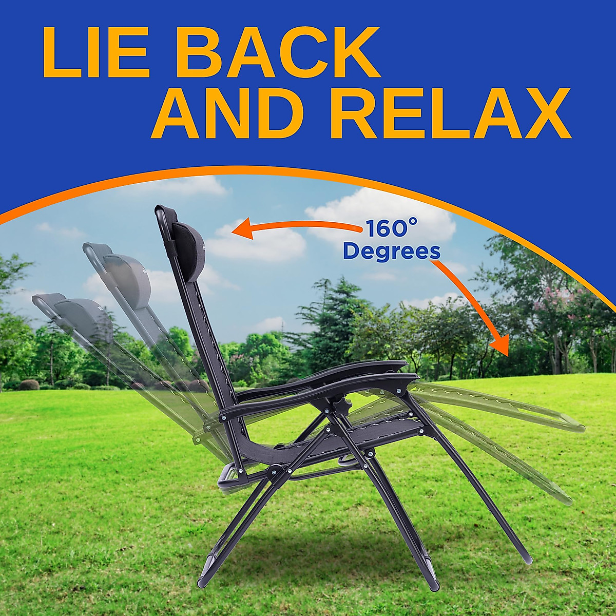 SereneLife Zero Gravity Chairs Set of 2 - Adjustable Steel Mesh Lawn Chairs - Outdoor Lounge Chairs with Detachable Cup Holder Tray - Foldable Outdoor Chair with Removable Pillows - Off Black