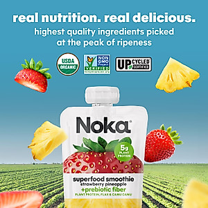 Noka Superfood Fruit Smoothie Pouches, Strawberry Pineapple, Healthy Snacks with Flax Seed, Prebiotic Fiber and Plant Protein, Vegan and Gluten Free, Organic Squeeze Pouch, 4.22 oz, 6 Count