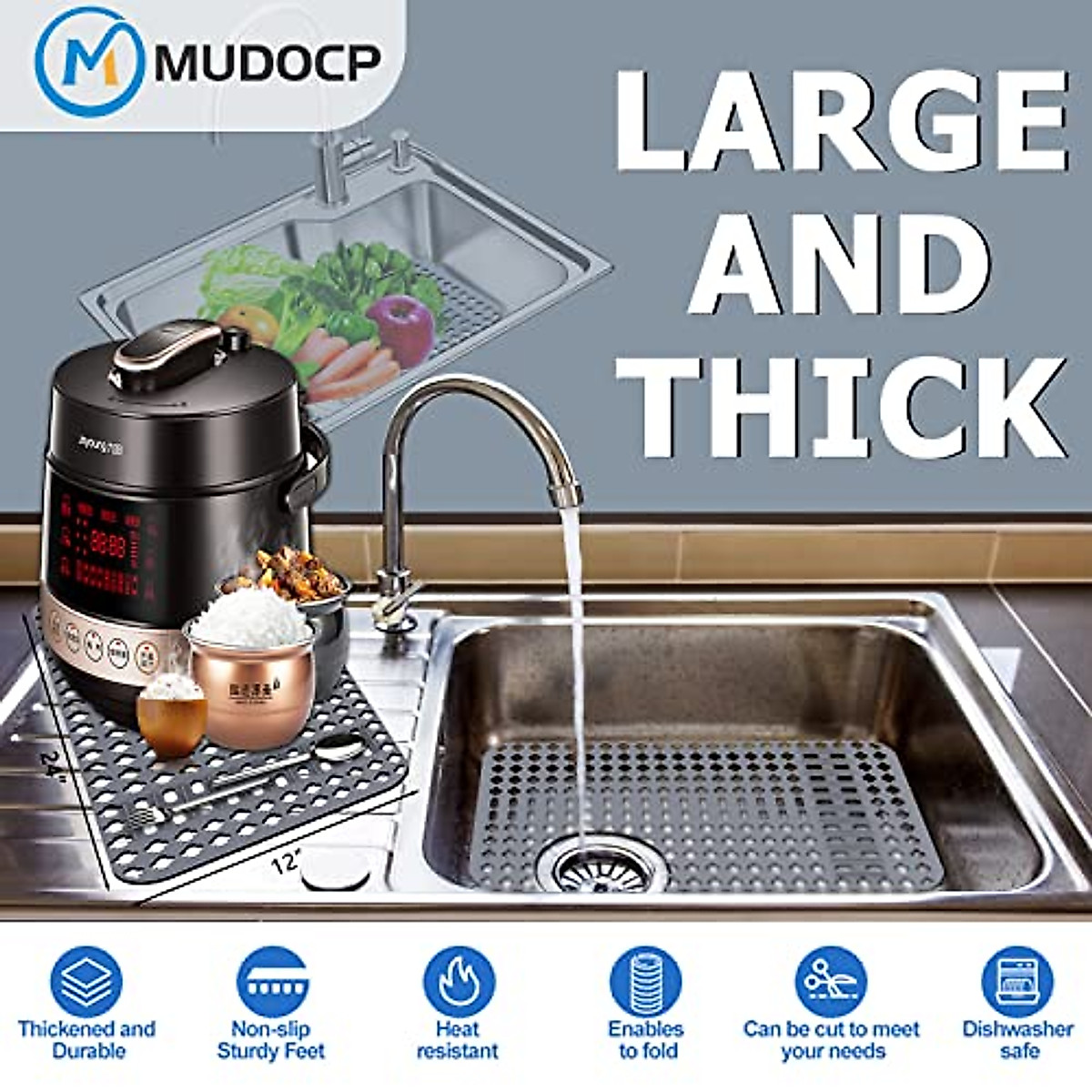 Sink Protectors for Kitchen Sink, Silicone Sink Mats for Bottom of Kitchen Sink Grid Accessory, 25.2'' x 13'' Non-Slip Kitchen Sink Mat for Farmhouse Stainless Steel Sink with Center & Rear Drain