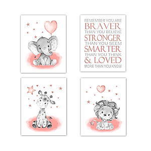 Coral Baby Girl Nursery Art Elephant Giraffe Lion Wall Decor 4 UNFRAMED PRINTS