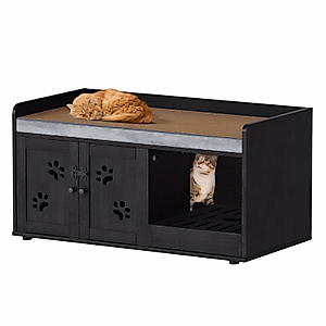 Recaceik Cat Litter Box Enclosure with Mat, Hidden Cat Washroom Furniture with Litter Catcher Box, Wooden Cat House with Door Indoor Cat Cabinet Fit Most Litter Box