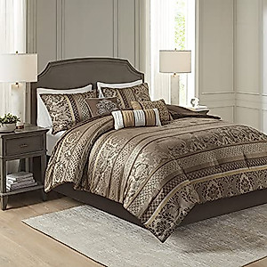 Madison Park Bellagio Cozy Comforter Set - Luxurious Jaquard Traditional Damask Design, All Season Down Alternative Bedding with Matching Shams, Decorative Pillow, King(104"x92"), Brown/Gold 7 Piece