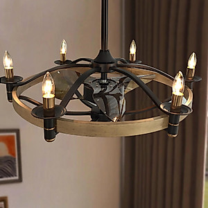 MADSHNE 32" Caged Ceiling Fans with Lights and Remote, Modern Farmhouse Fan Light for Living Room,Black Rustic Chandelier Candles,Reversible(Bulbs Included)