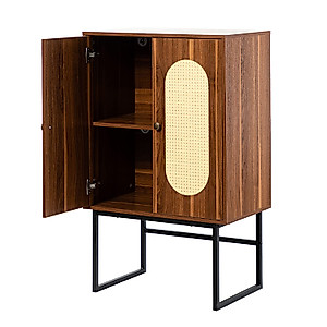 Voohek High 2 Rattan Doors, Interior Shelves and Black Metal Base, Sideboard w/Simulated Wood Patterns & Retro Knobs Elements On Surface Storage Cabinet, Walnut