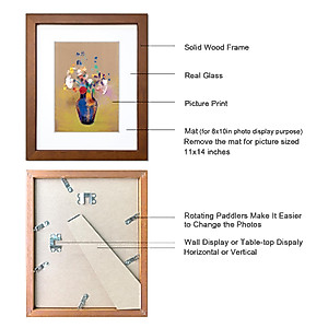 DEKWINN 11x14 Picture Frame Set of 2 Made of Solid Wood with Real Glass for Pictures 8x10 with Mat or 11x14 Without Mat, Wall Mount or Tabletop Gallery Photo Frames, Brown