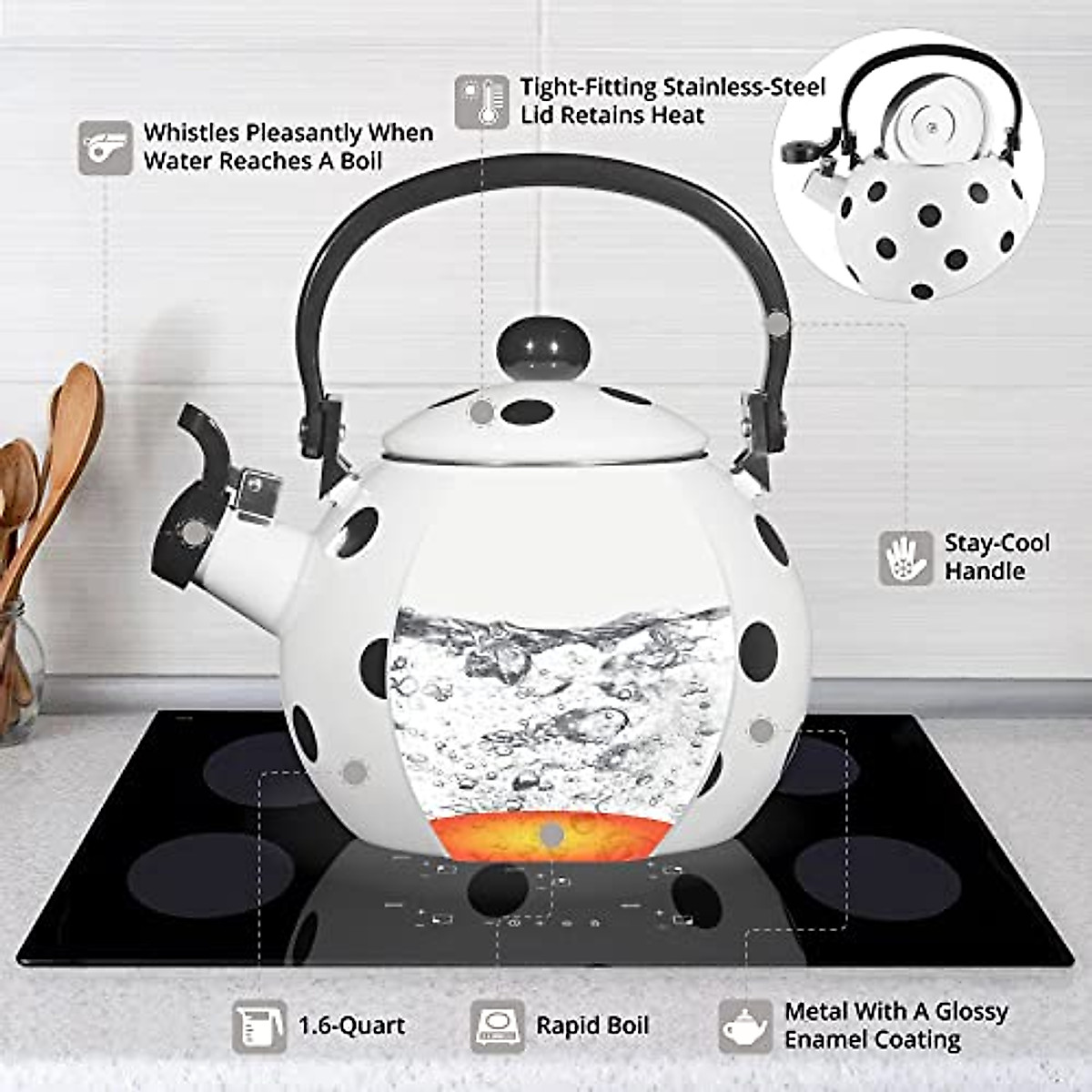 Whistling Tea Kettle for Stove Top Enamel on Steel Teakettle, Supreme Housewares Polka Dot Design Teapot Water Kettle Cute Kitchen Accessories Teteras (1.6 Quart, Polka Dot)