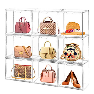 Cutora 6Pack Purse Organizer for Closet Clear Acrylic Display Case Handbag Storage Organizer Box with Magnetic Door Stackable Storage Bins with Dustproof Lid for Book Toys Shoes Cosmetic Collectibles