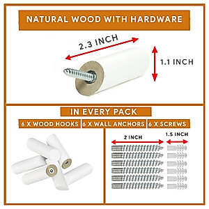 barilo Wood Wall Hooks, 6 Pack Hat Hooks for Wall | White Coat Hooks Wall Mounted | Modern, Decorative Wooden Wall Hangers | Hook for Hanging Backpage, Robe, Hat, Towel, Coat, Purse, Bag