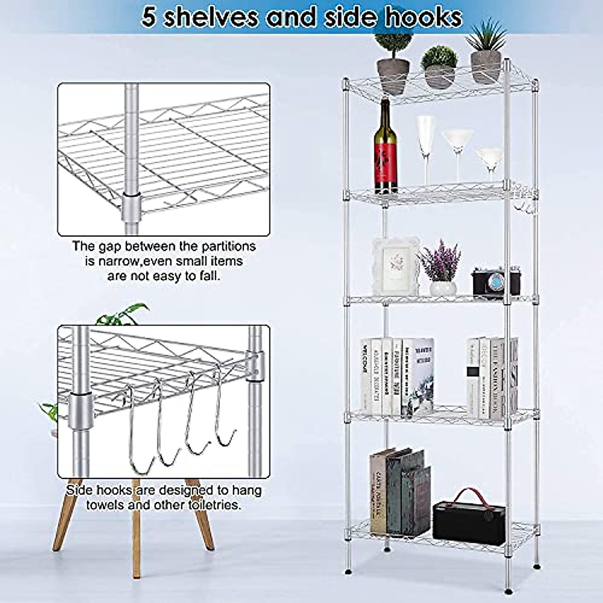 5-Shelf Shelving Units and Storage Heavy Duty, Wire Adjustable Shelf Utility Commercial Steel Organizer, Metal Shelves Wire Rack with 4 Hooks for Kitchen Bathroom Office and Garage, Set of 2 (Silver)